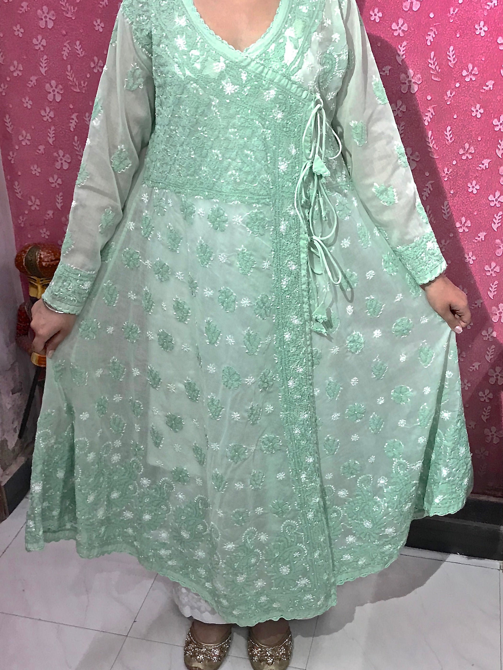 Angrakha Kurta Long Cotton Dress Hand Embroidery Lucknow Chikankari ...