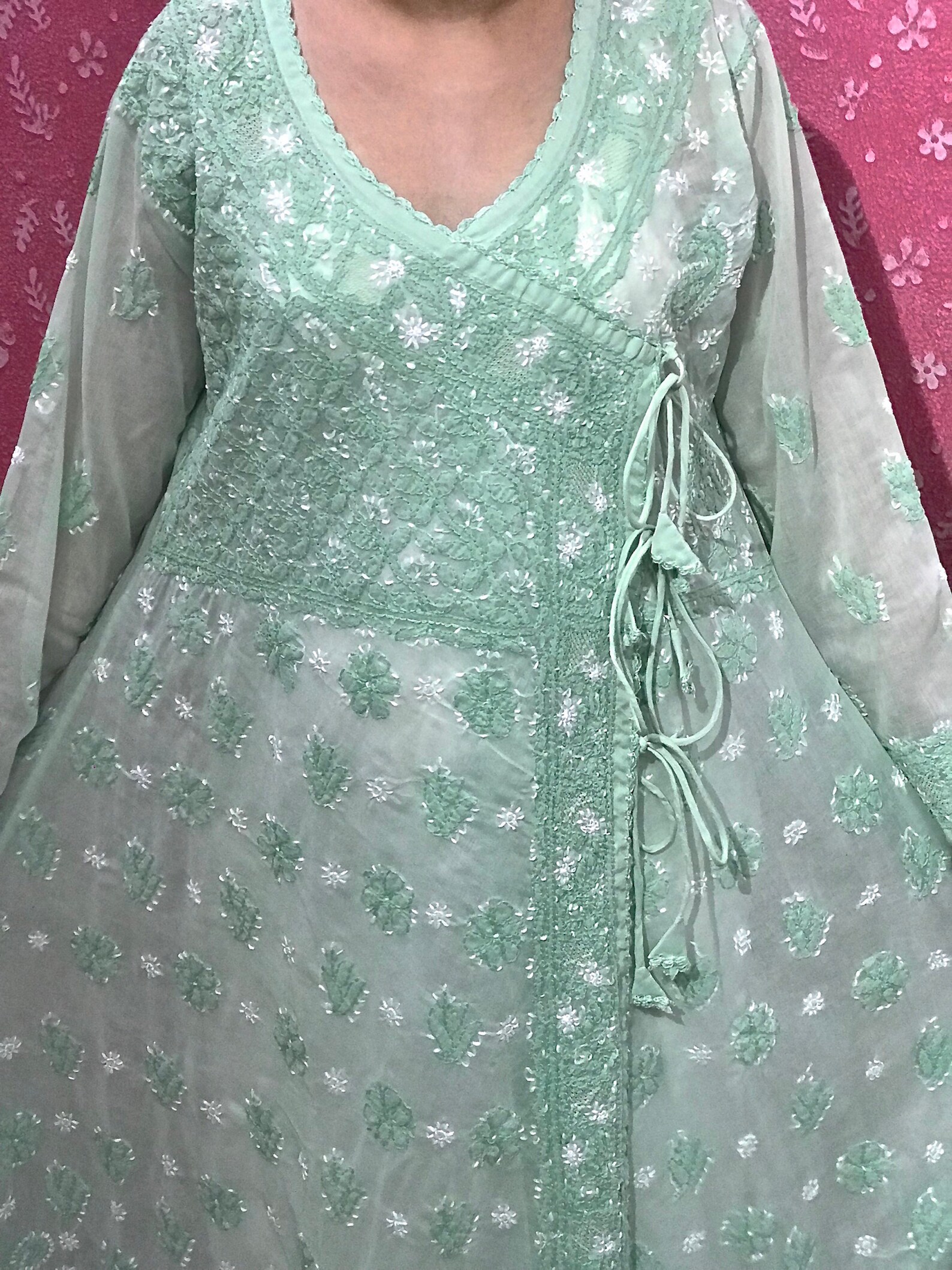 Angrakha Kurta Long Cotton Dress Hand Embroidery Lucknow Chikankari ...