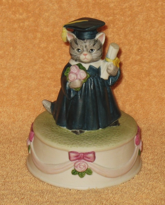 vintage cucumber kitty graduation music box Collectibles Art ...