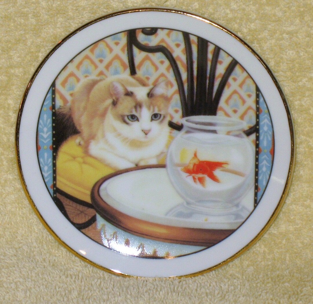 Vintage Russ Cat Trinket Plate Cat With Gold Fish - Etsy