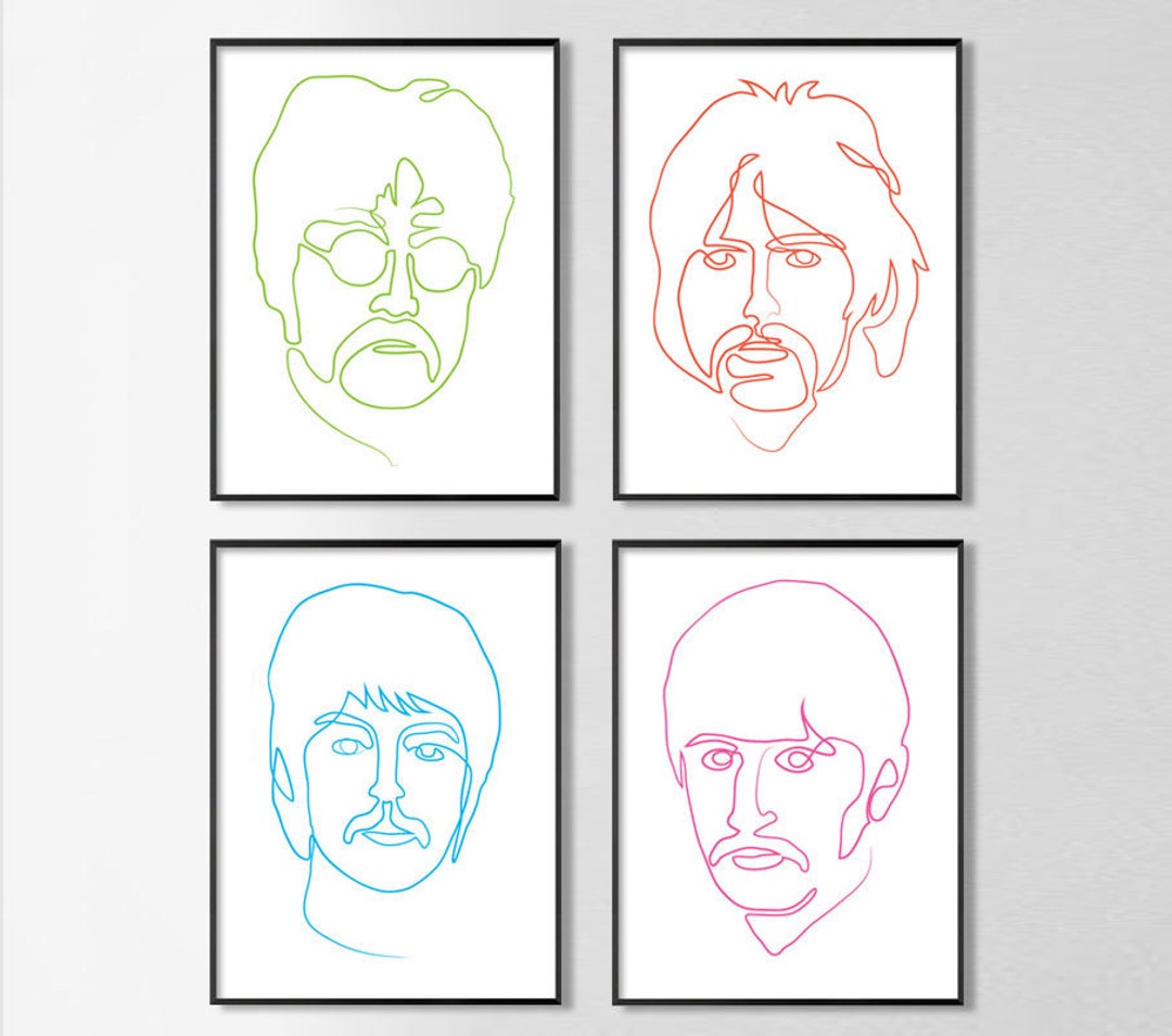 4x Beatles Continuous Line Drawing Portraits - Fab Four Wall Art Poster ...