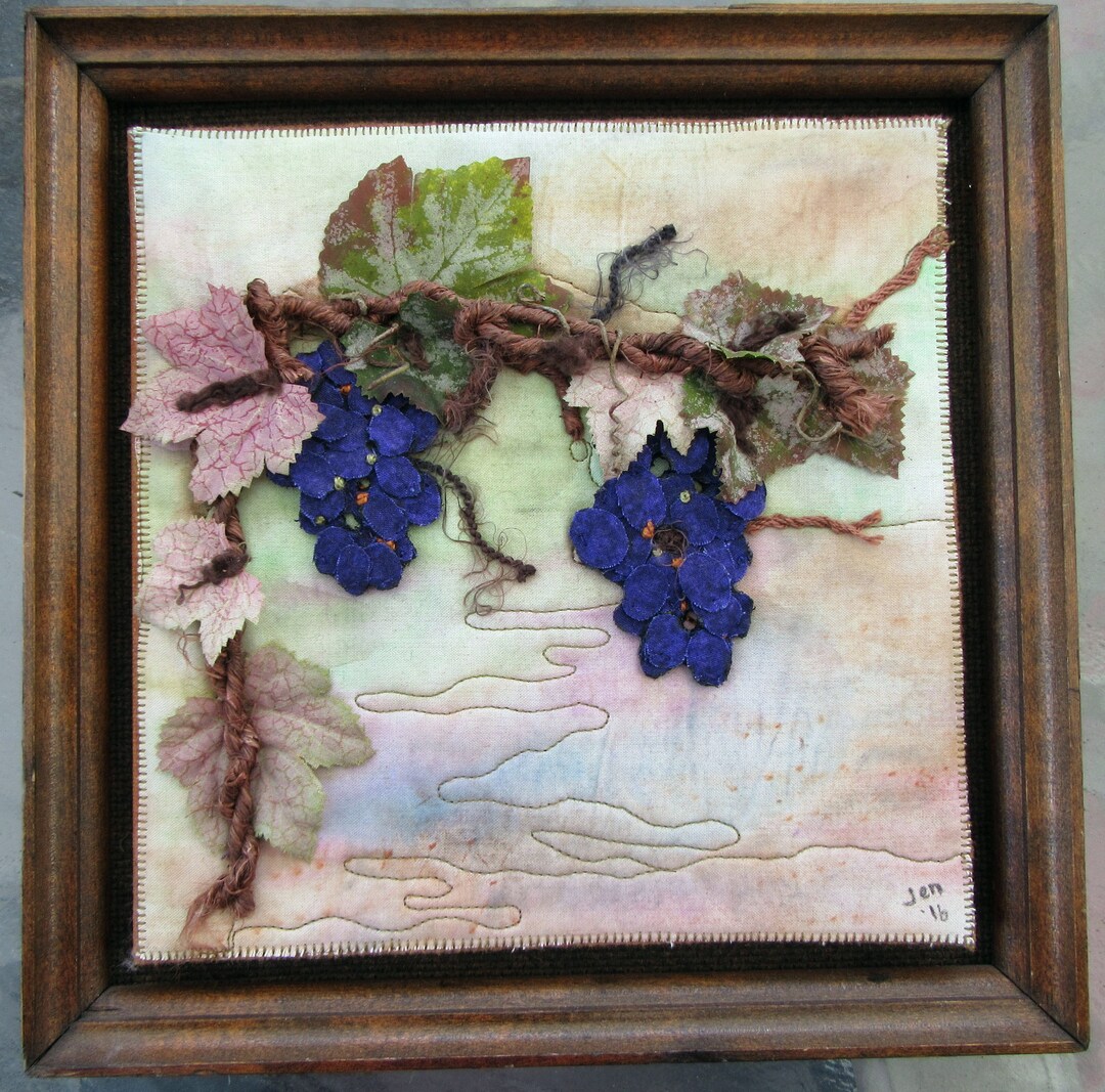 Grape Vine Fiber Art Quilt, Wine Art, Three Dimensional, Framed Fiber ...