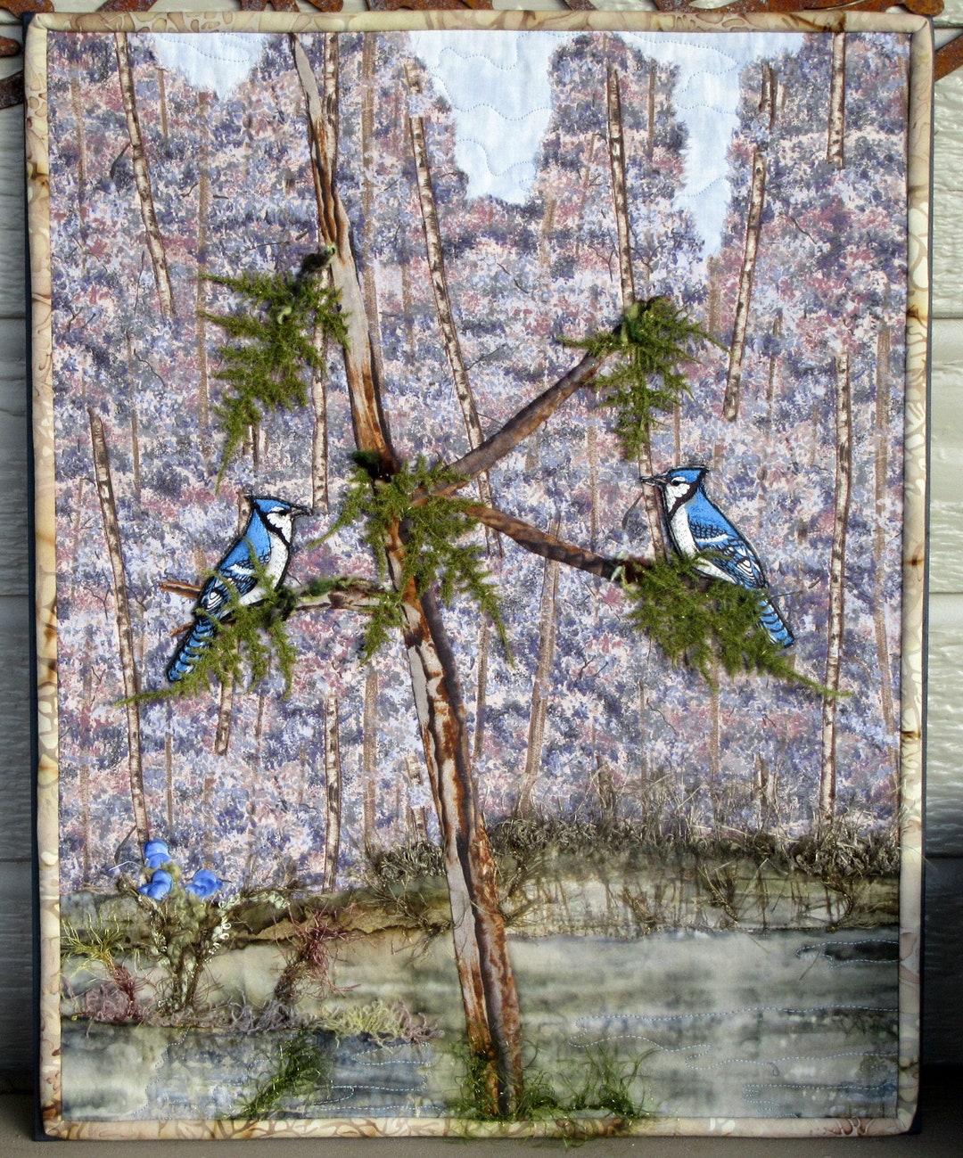 Blue Jay Landscape Art Quilt, Textile Art Wall Hanging, Home Decor, 16 ...