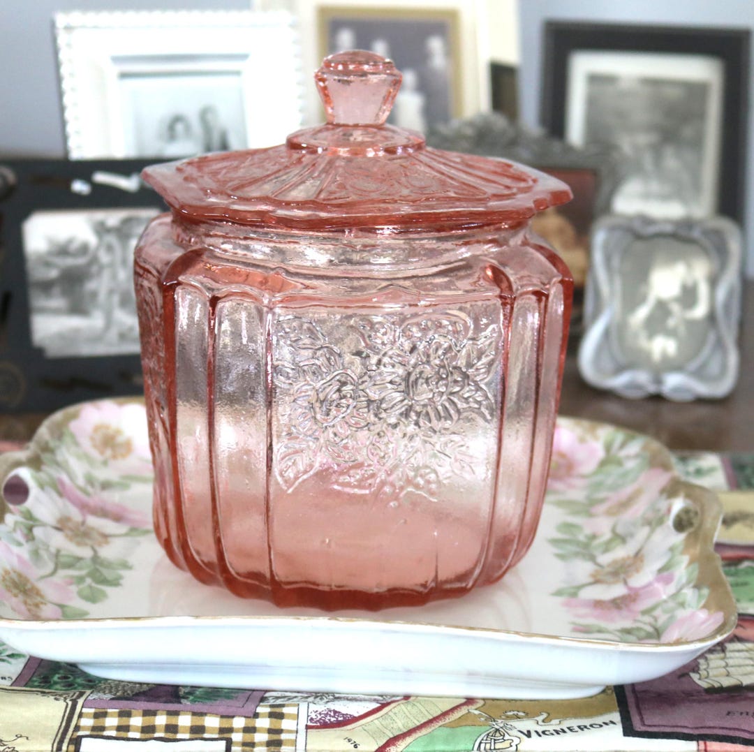 Beautiful Mayfair Open Rose Pink Glass Cookie Jar, 1980s Depression ...