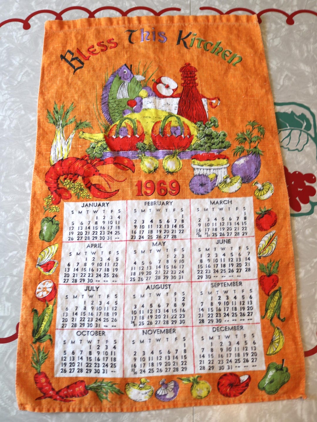 Vintage 1969 Calendar Tea Towel Bless This Kitchen, 1960s House Decor ...