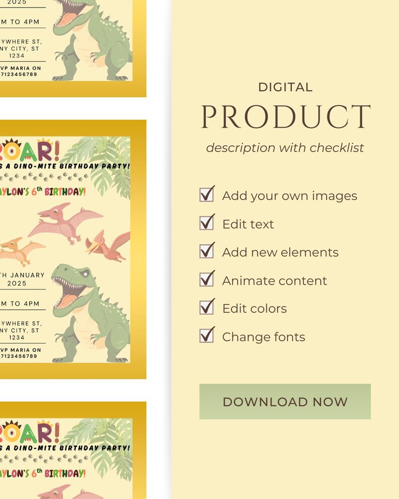 Jungle Dinosaur Birthday Invitation | Editable Canva Template | Green ...