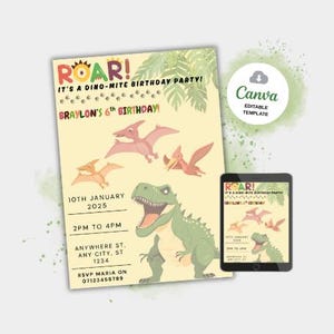 Jungle Dinosaur Birthday Invitation | Editable Canva Template | Green ...