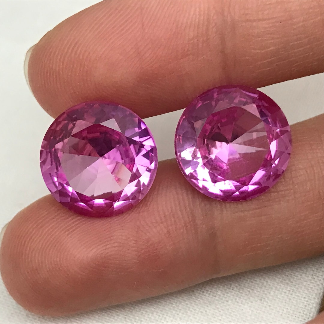 Pair of 14mm Pink Lab Created Sapphire, 20CTW Round Cut, Loose Faceted Gemstone, 10 Carats Each ...