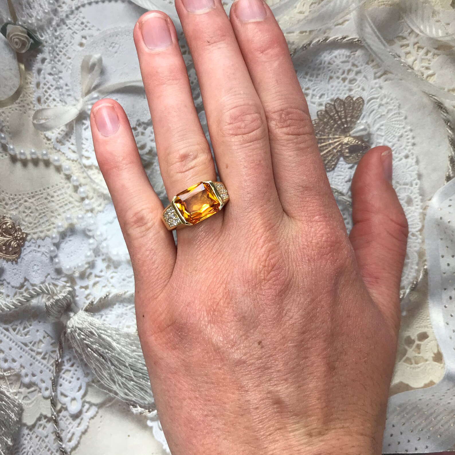 18k Yellow Gold Diamond Orange Lab Sapphire Women's Ring 10 Grams ...