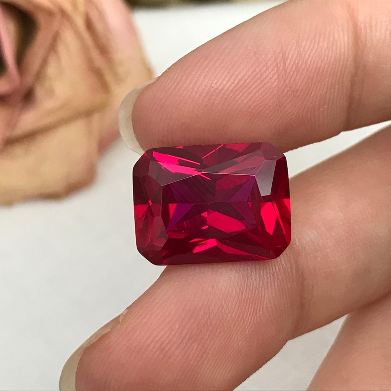 14 Carat Lab Ruby 16x12mm Rectangle Cut, Lab Created Faceted Loose Red ...