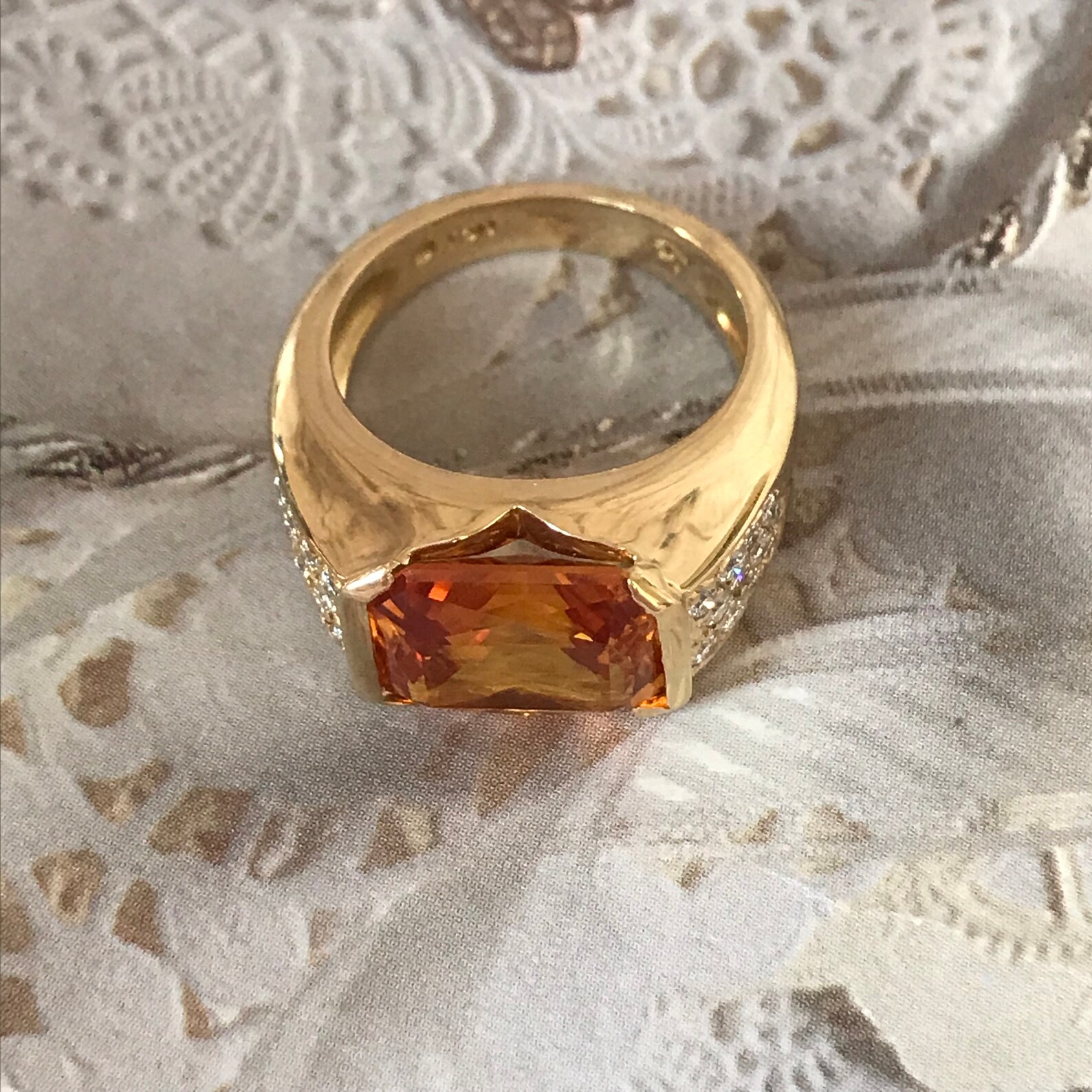 18k Yellow Gold Diamond Orange Lab Sapphire Women's Ring 10 Grams ...