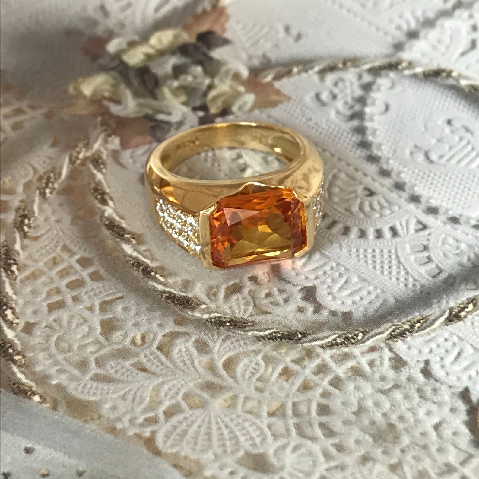18k Yellow Gold Diamond Orange Lab Sapphire Women's Ring 10 Grams ...