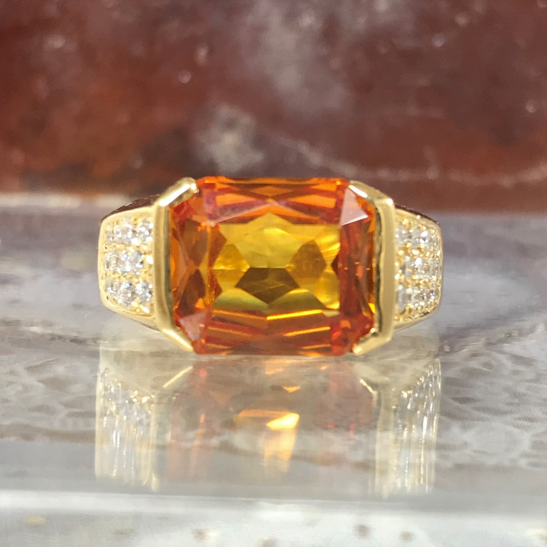 18k Yellow Gold Diamond Orange Lab Sapphire Women's Ring 10 Grams ...