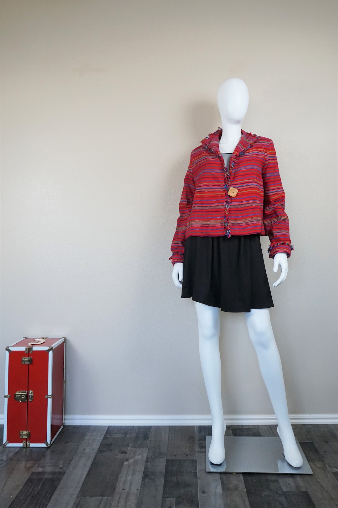 90s Norm Thompson Woven Cotton Blazer - Red Mexican Blanket Fringe ...