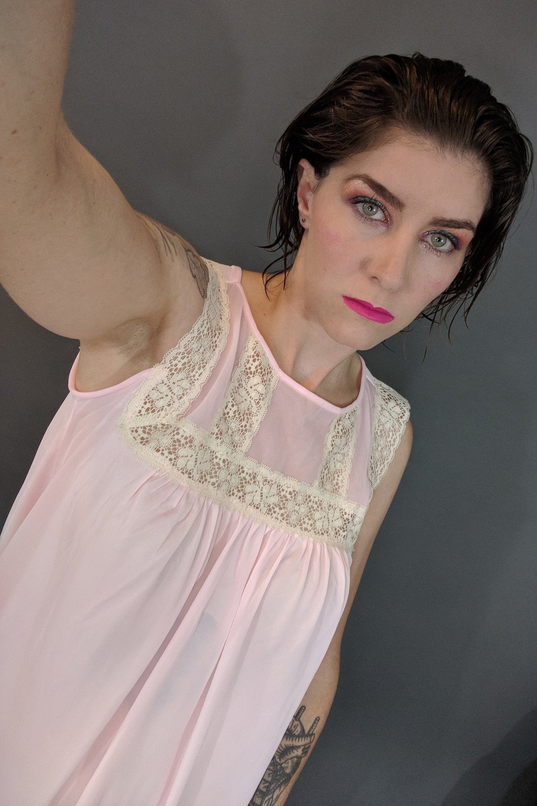 60s Neon Pastel Pink Sheer Mini Dress - Vintage Lace Lingerie Babydoll ...