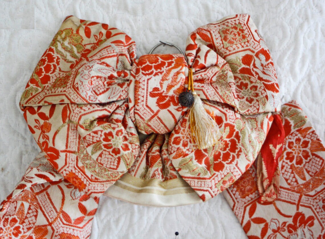 Vintage Japanese Obi Pre-tied Bow...with Tassel and Charm, Clips and ...