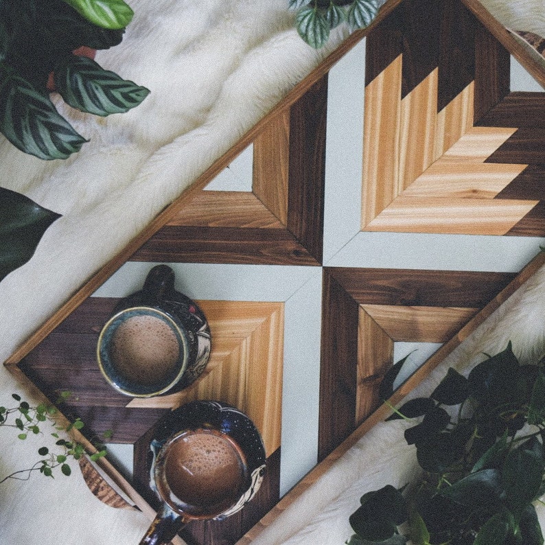 Indra Wood Mosaic Tray With Natural Cork Handles | Etsy