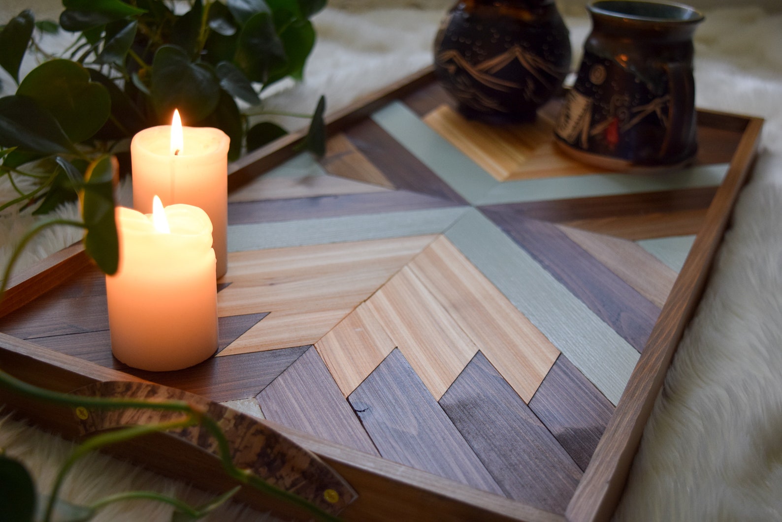 Indra Wood Mosaic Tray With Natural Cork Handles - Etsy