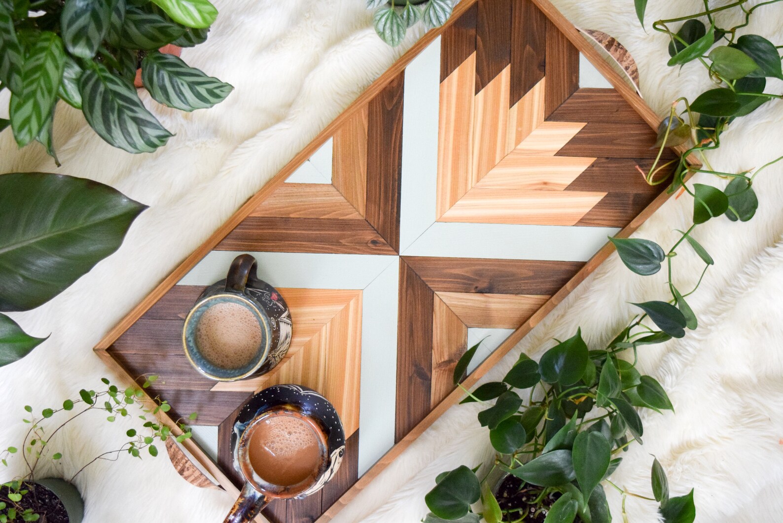 Indra Wood Mosaic Tray With Natural Cork Handles | Etsy