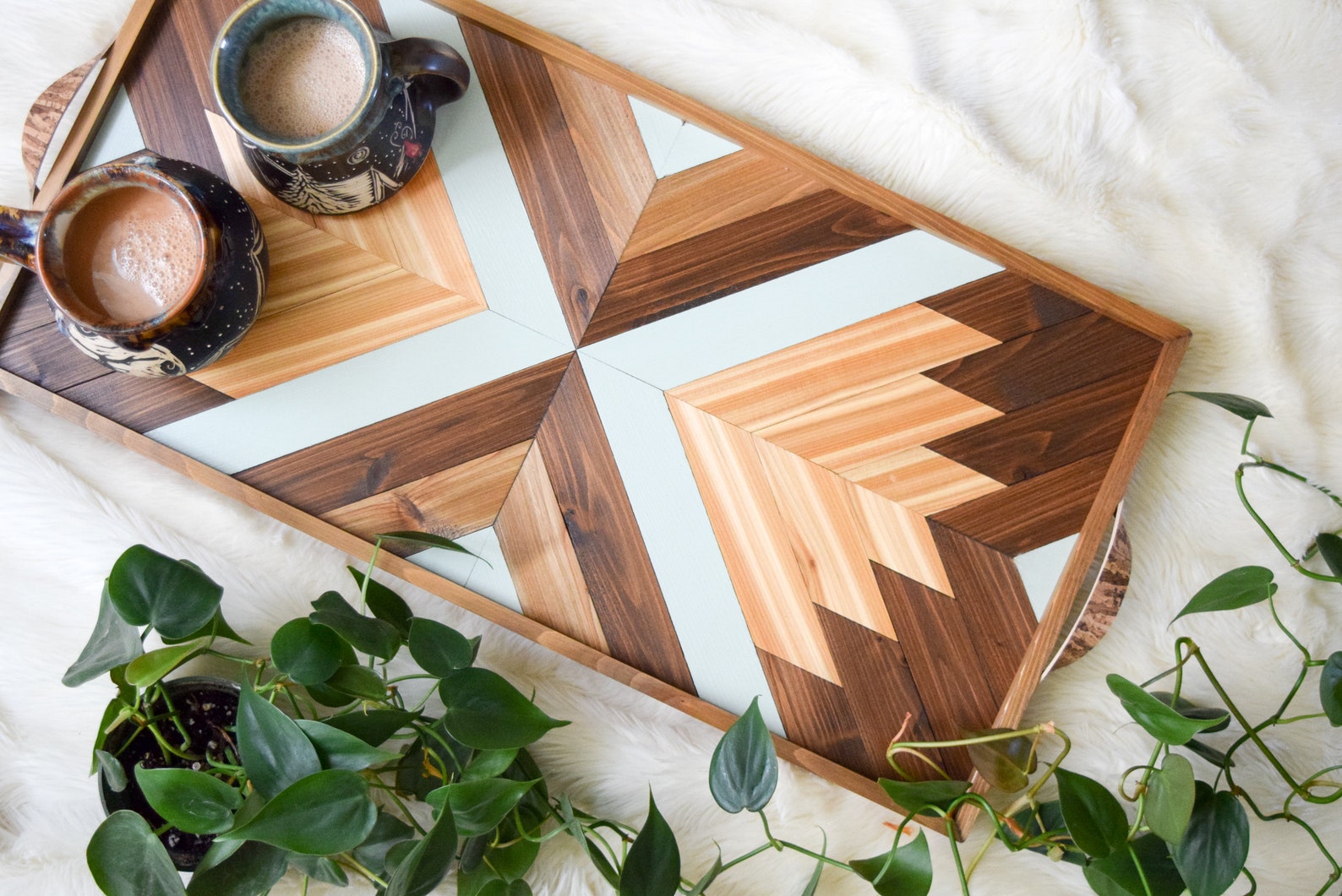 Indra Wood Mosaic Tray With Natural Cork Handles | Etsy