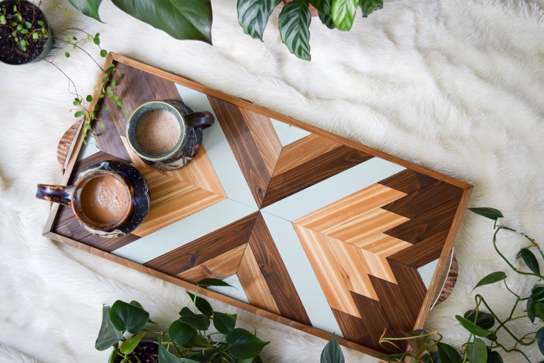 Indra Wood Mosaic Tray With Natural Cork Handles | Etsy