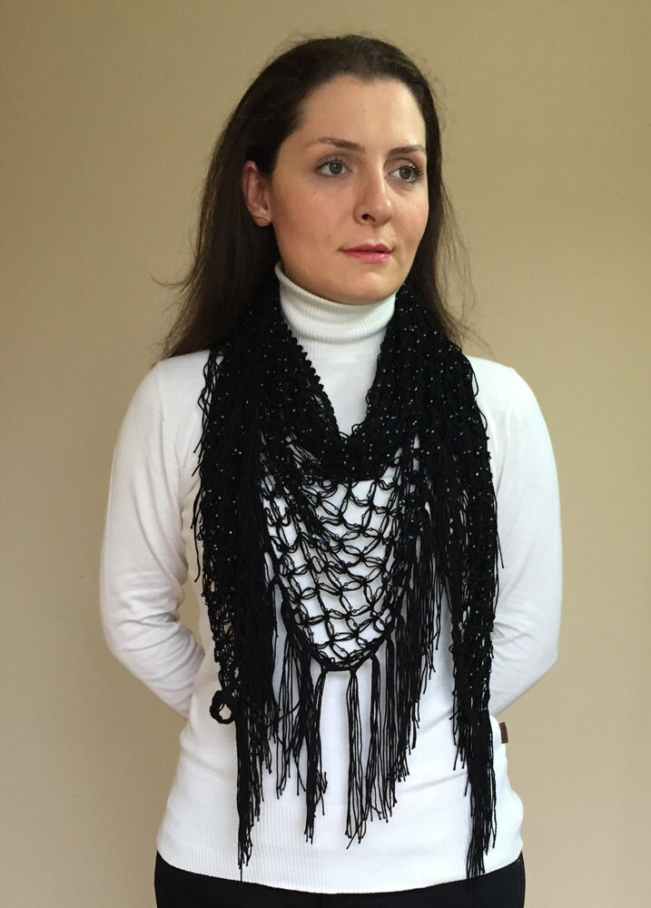 Black Beaded Triangle Shawl, Crochet Net Shawl for Dance, Evening Shawl ...