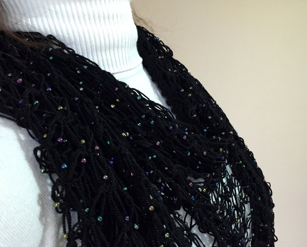 Black Beaded Triangle Shawl, Crochet Net Shawl for Dance, Evening Shawl ...