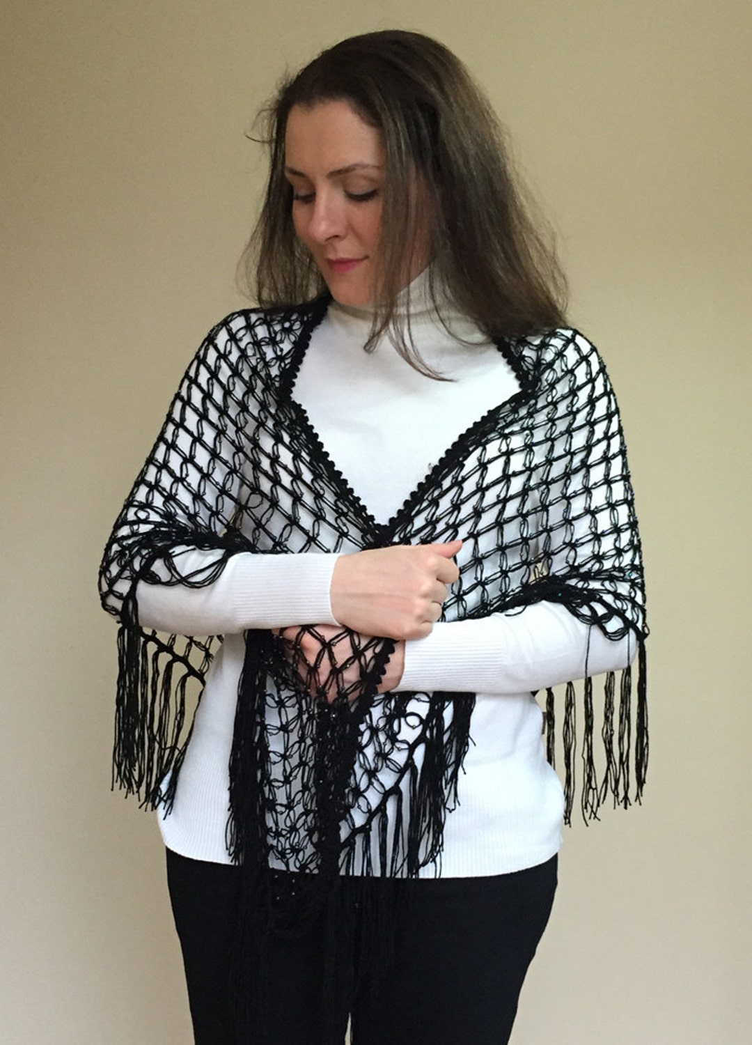 Black Beaded Triangle Shawl, Crochet Net Shawl for Dance, Evening Shawl ...