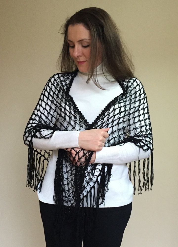 Black Beaded Triangle Shawl, Crochet Net Shawl for Dance, Evening Shawl ...