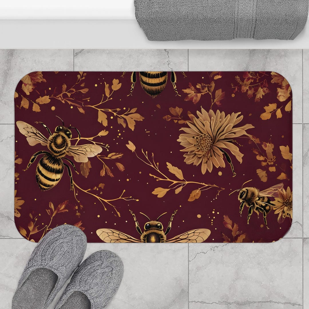 Honey Bee Bath Mat Bathroom Accessories, Burgundy Floral Bumble Bee ...