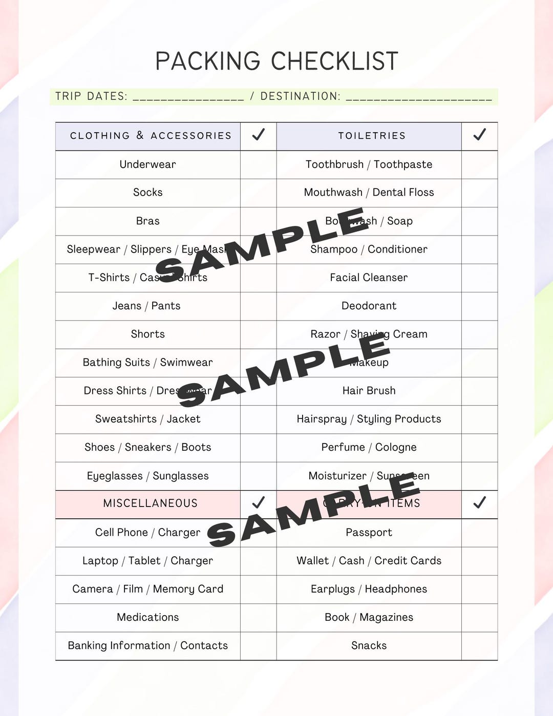 Travel Packing List Template, Packing Checklist, Travel Planner, Purple ...