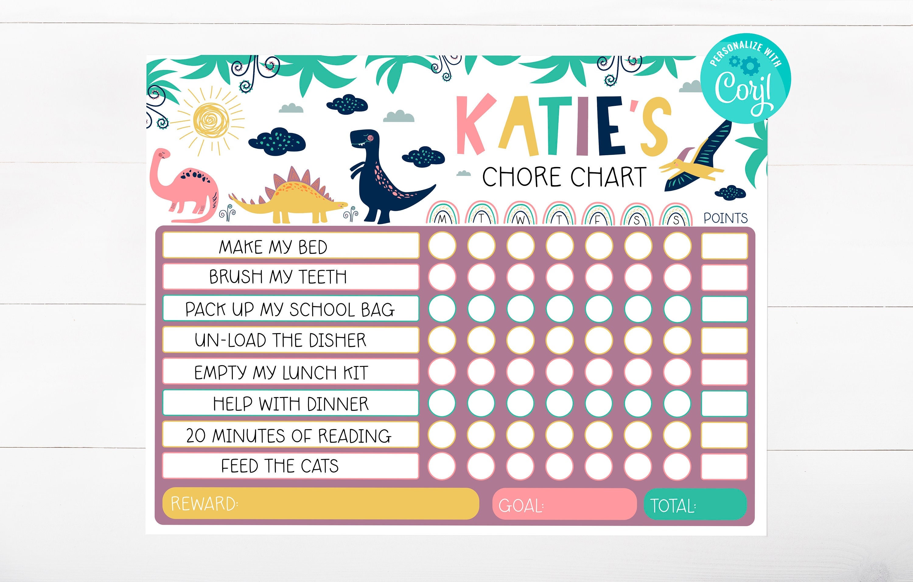 EDITABLE Personalized Dinosaur Chore Chart Custom Dinosaur | Etsy