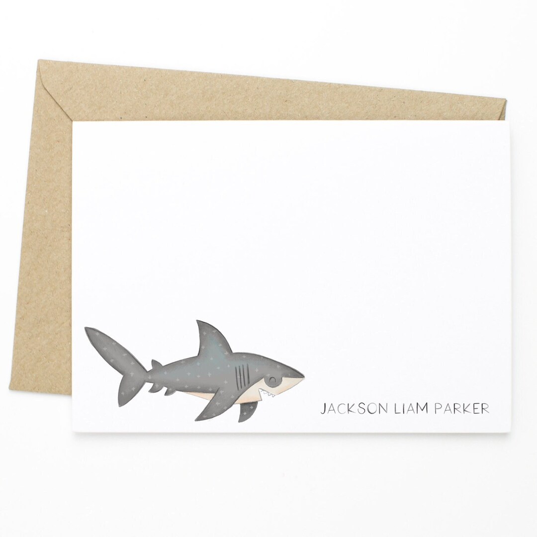 Personalized Shark Stationery Set of 12 Flat Notecards & - Etsy