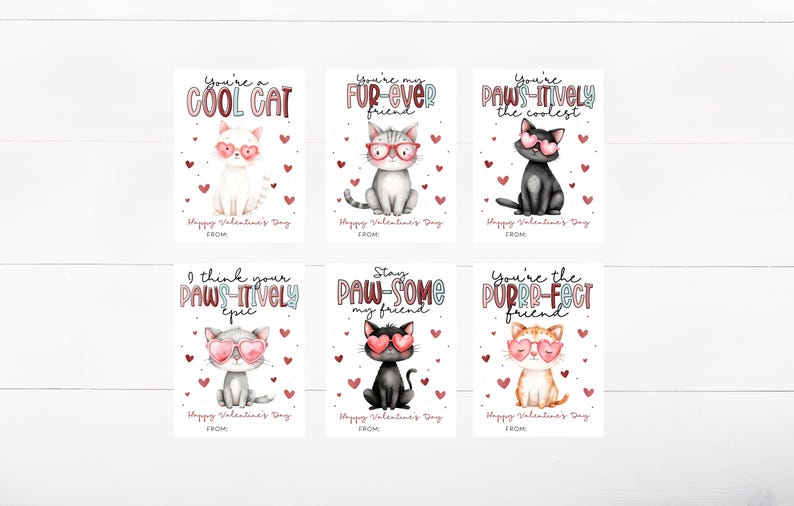 Printable Cat Valentine Cards: Kids School Gift Tags (PDF) - Etsy