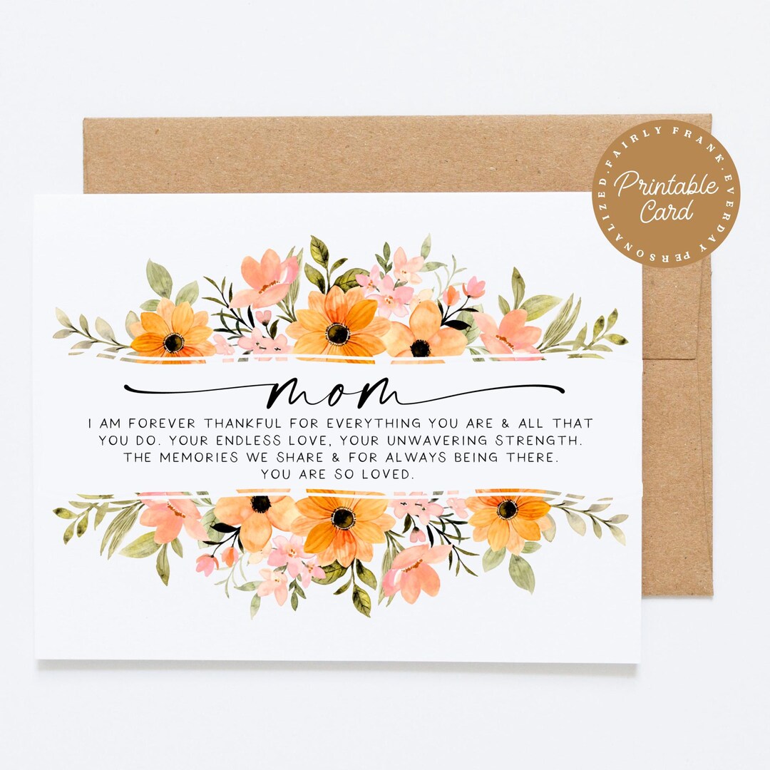 Floral Mother's Day Card: Thankful Mom Printable (PDF) - Etsy