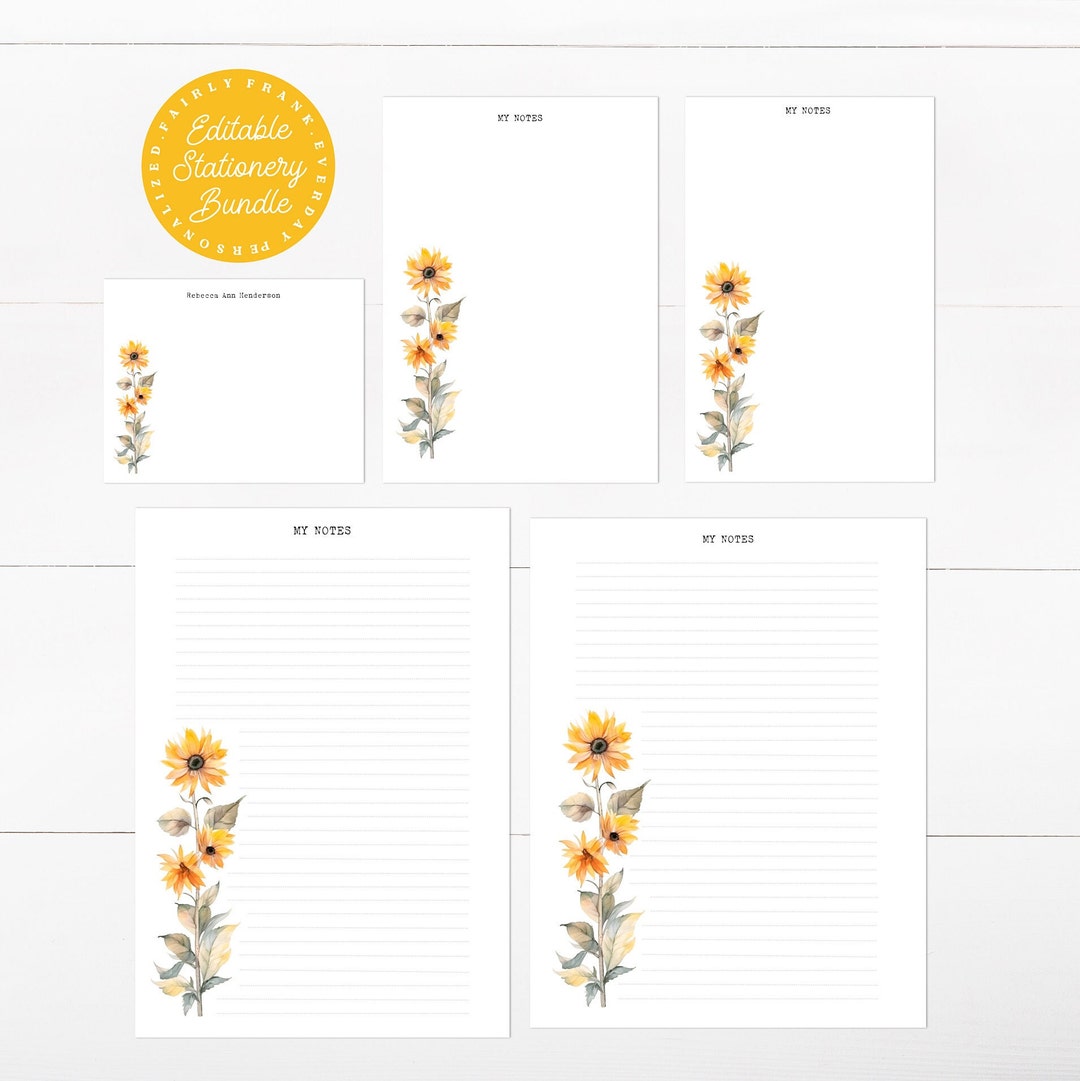 EDITABLE Sunflower Stationery Bundle - Includes A2 Notecard, Letter ...