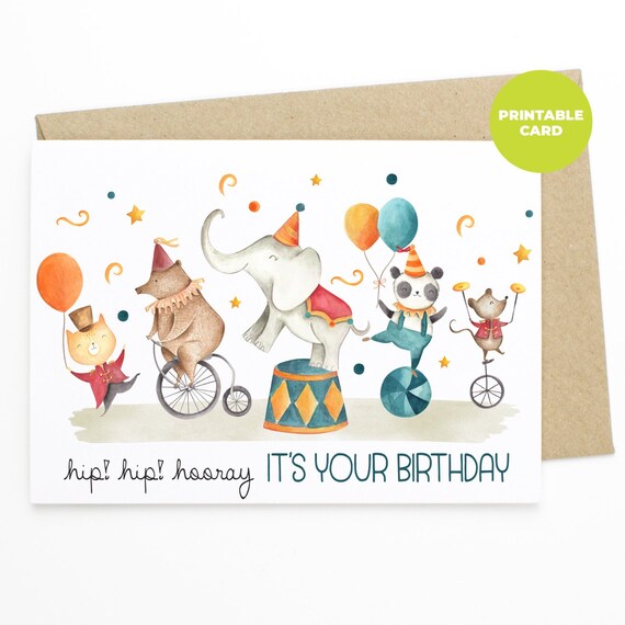PRINTABLE Circus Kids Birthday Card Hip Hip Hooray - Etsy