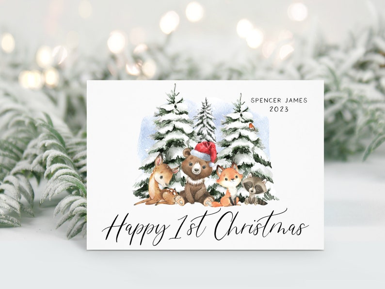 Personalized Baby's First Christmas Card: Woodland Animals (digital ...