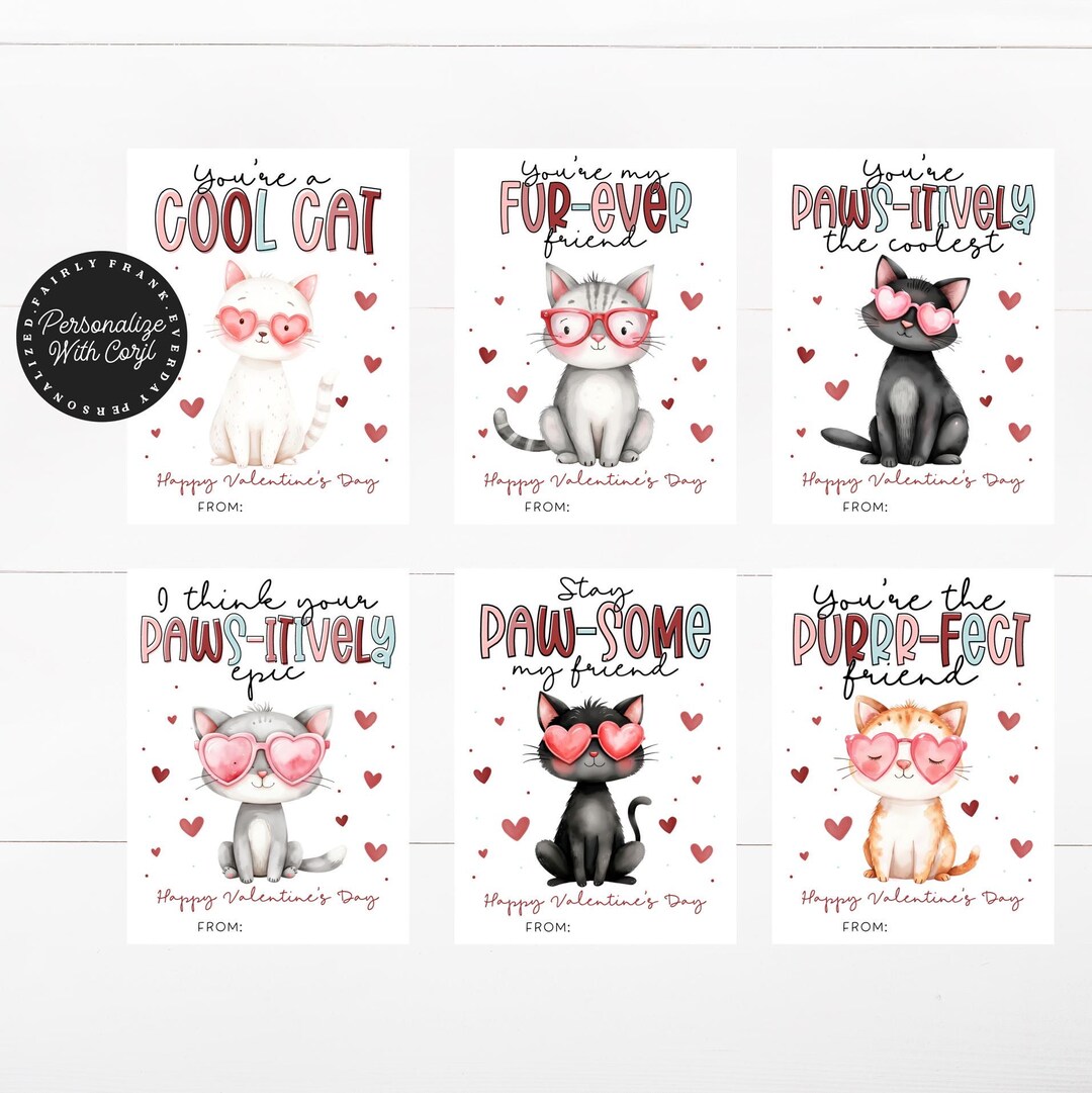 EDITABLE Cat Valentine Cards and Gift Tags - Kids Valentines Day Cards ...