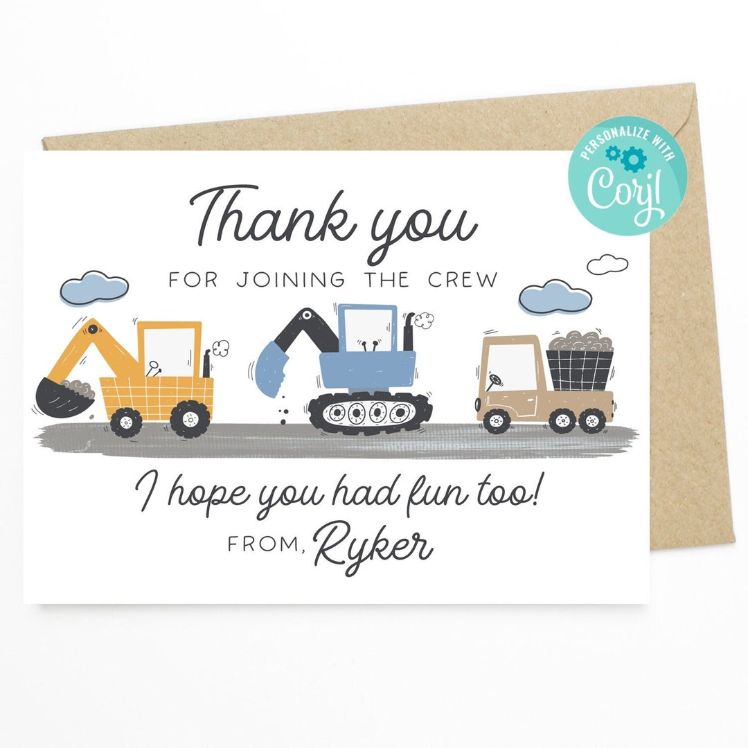 EDITABLE Personalized Flat Construction Thank You Card - Custom Heavy ...