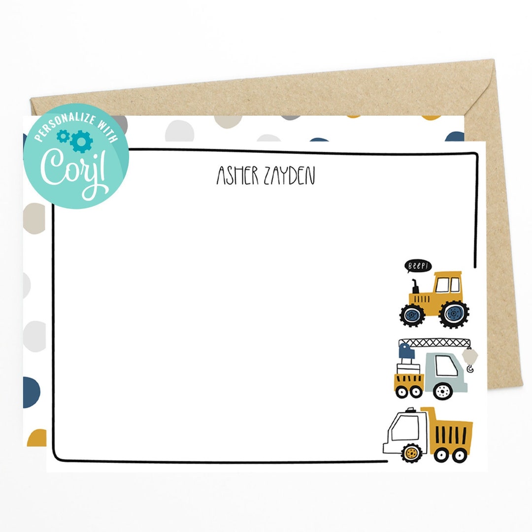Construction Truck Stationery: Editable Kids Notecards (digital ...