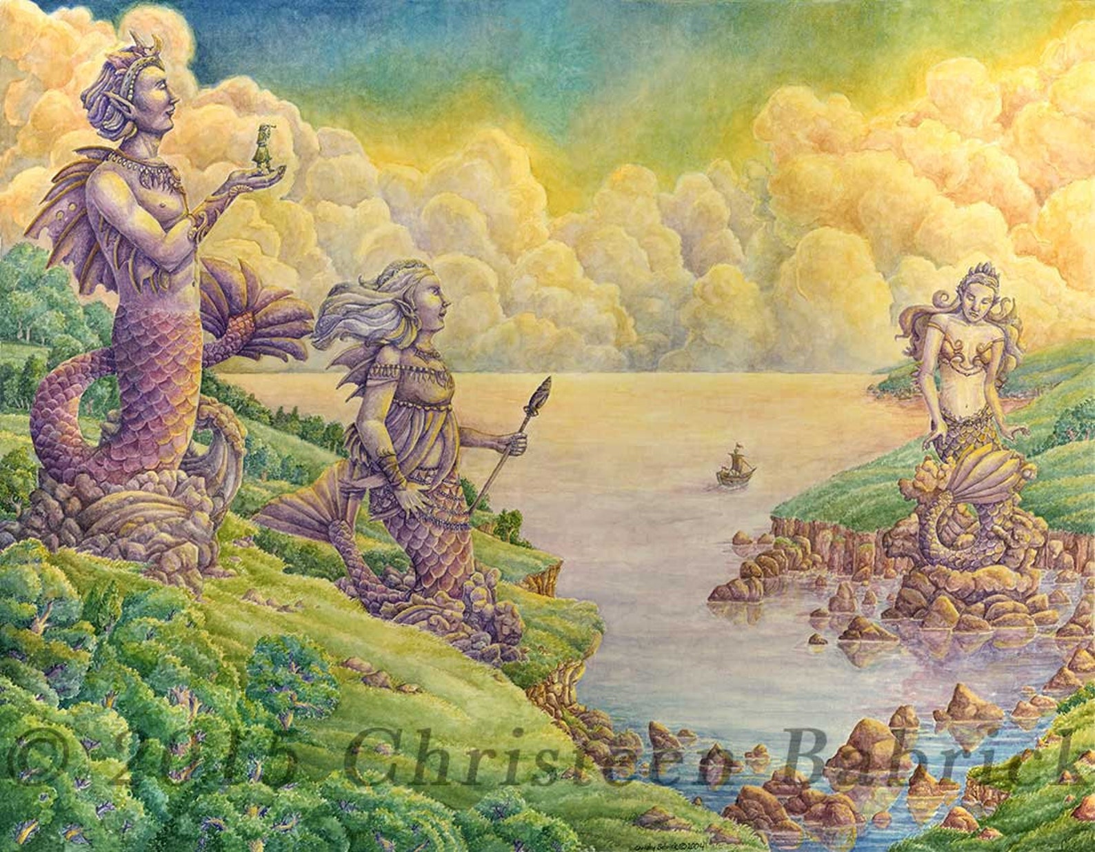 Merman Mermaid Statue Landscape Ship Watercolor Original Fantasy Art ...