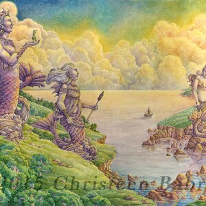 Merman Mermaid Statue Landscape Ship Watercolor Original Fantasy Art ...