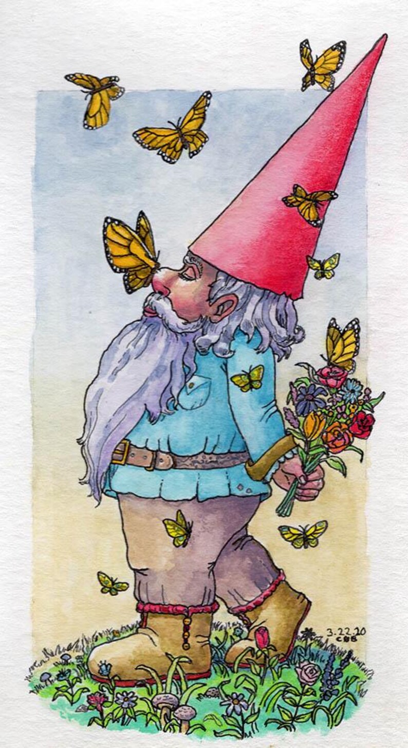 Original Art Fantasy Watercolor Ink Gnome Butterflies Floral Whimsical ...