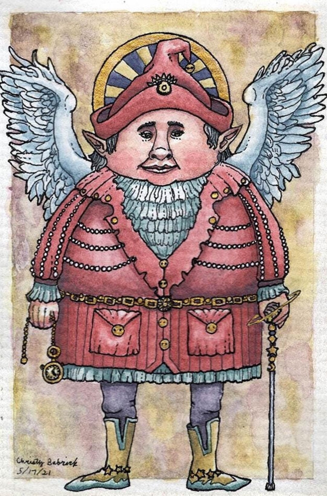 Original Art Fantasy Watercolor Ink Angel Pocket Watch Metallic Accents ...