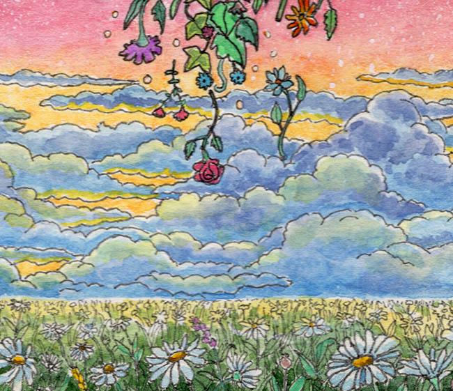 Original Art Watercolor Ink Fantasy Celestial Floral Landscape Moon ...