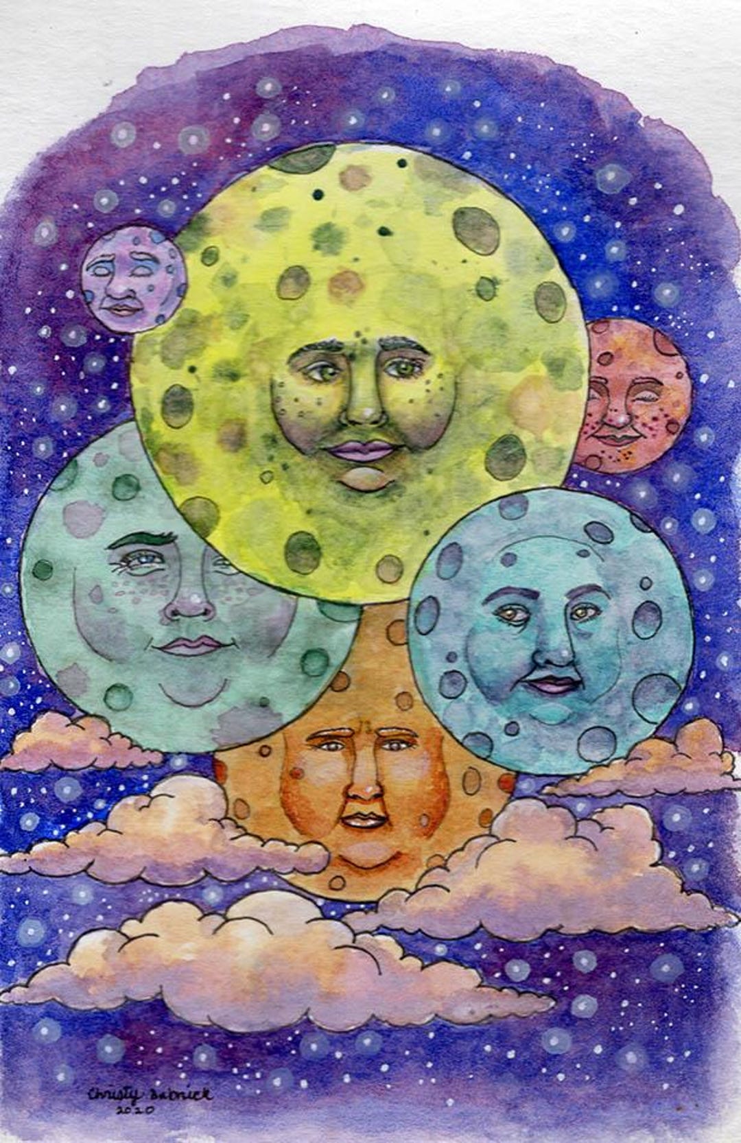 Original Art Fantasy Watercolor Ink Moon Celestial Stars Night Sky ...