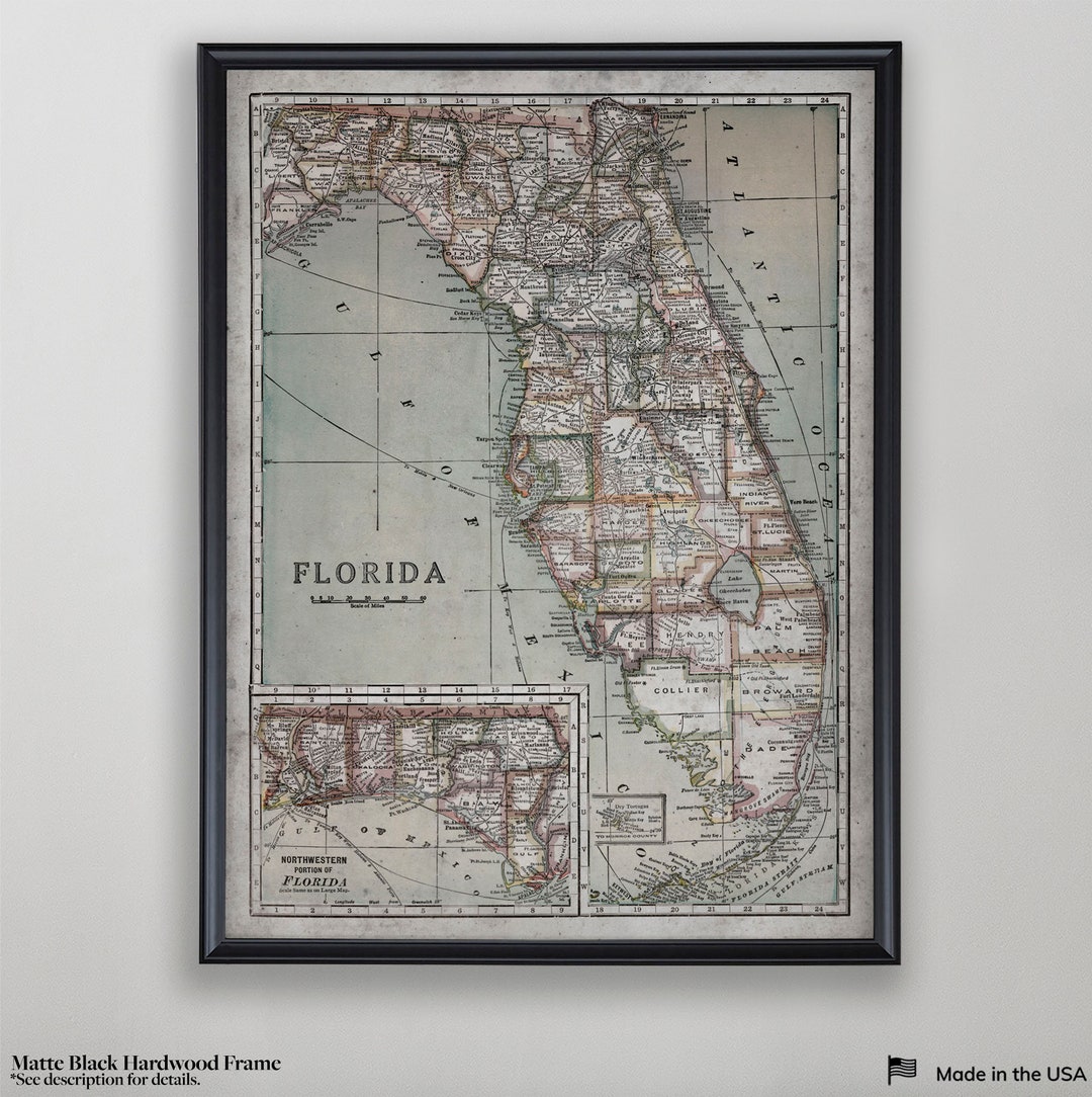 Vintage Florida State Map Print C.1880s, Antique Florida State Map ...