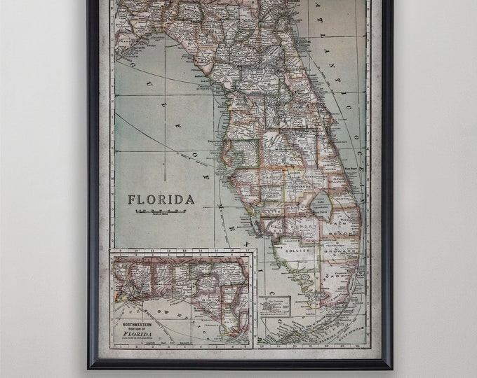 Florida Map, Vintage Map of Florida State, Framed Map Options, Vintage ...