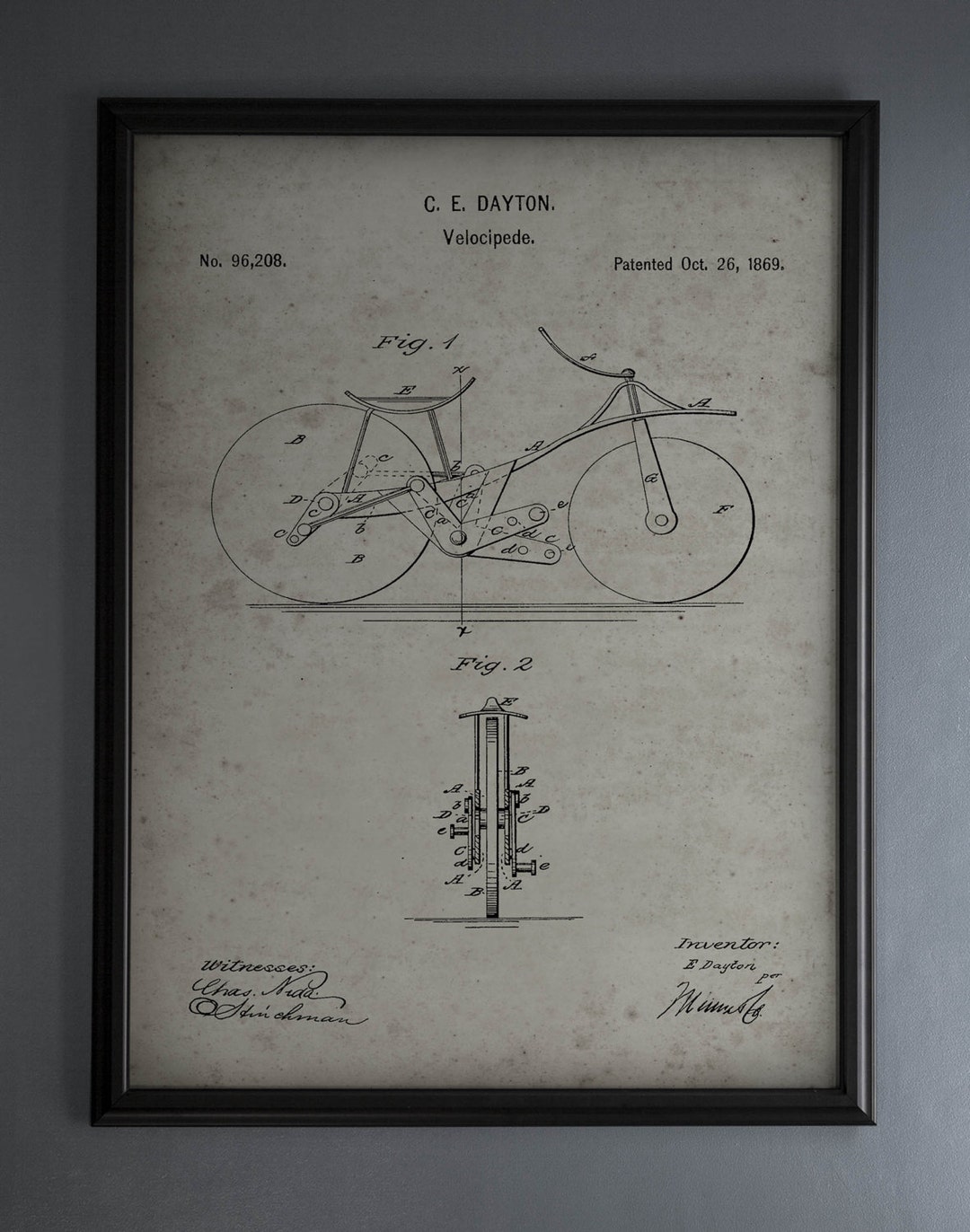 Velocipede Patent Print 1869, C.E. Dayton Early Bicycle Blueprint ...